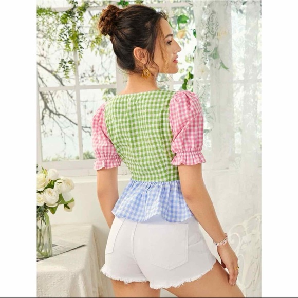 SHEIN | Tops | 325 Shein Gingham Puff Sleeve Peplum Top Nwt | Poshmark